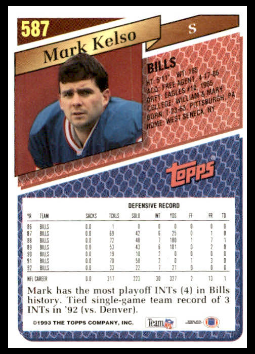 1993 Topps #587 Mark Kelso Buffalo Bills Football Card | eBay