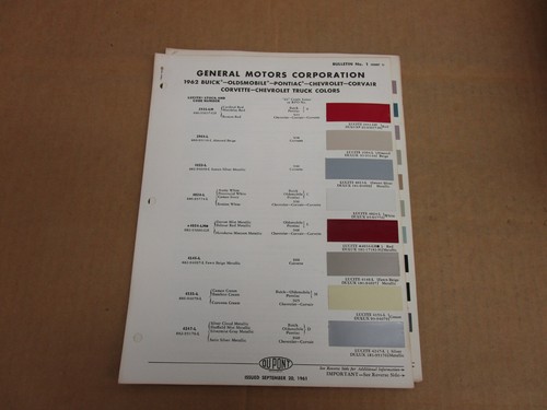 1962 GM Chevrolet Buick Cadillac Pontiac car paint color chip chart ...
