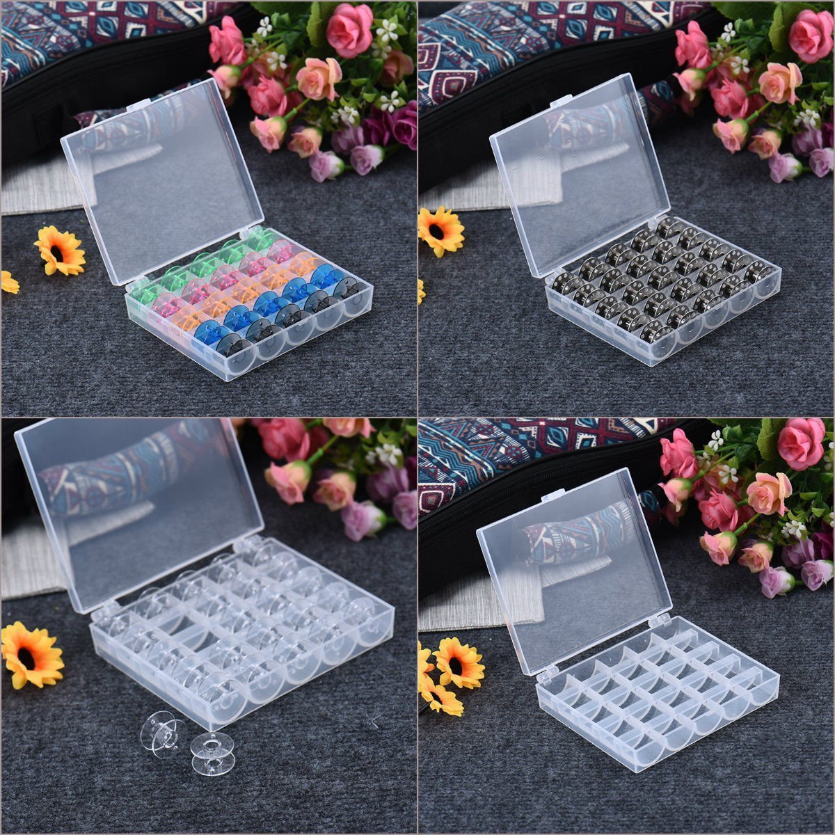 25 Spools + Empty Bobbins Case Organizer Sewing Machine Bobbin Clear ...