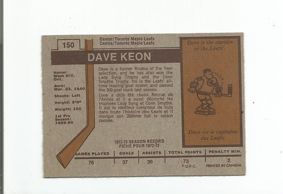 1973-74 DAVE KEON O-PEE-CHEE HOCKEY CARD #100 "NICE" | eBay