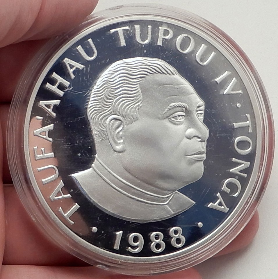 1988 TONGA King Tupou IV Huge 6.5cm Proof Silver Coin SEOUL OLYMPICS ...