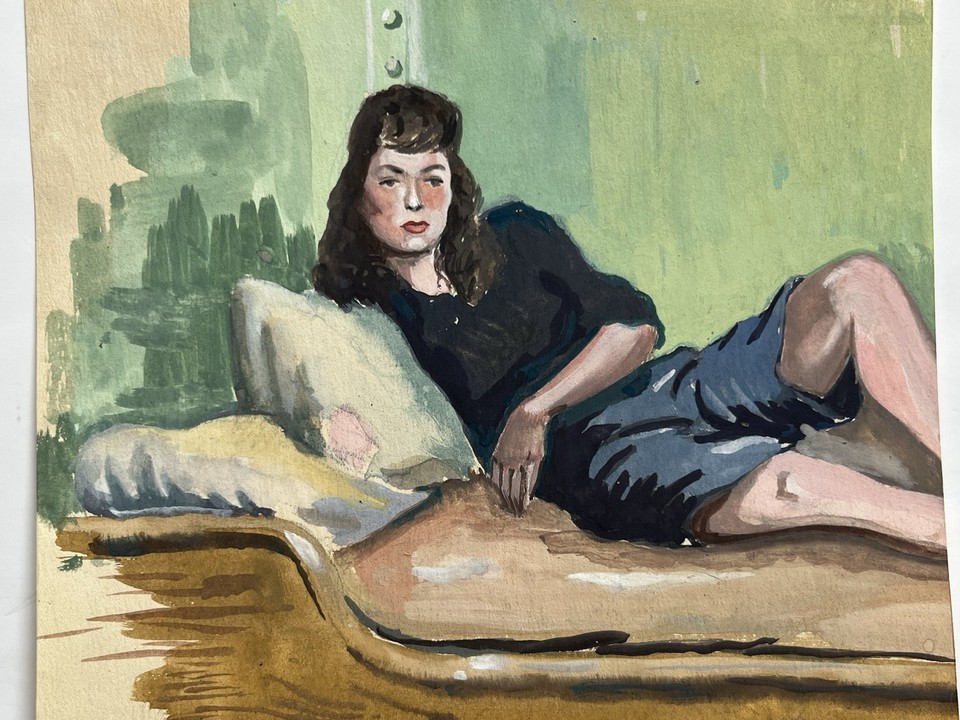 Antique 40s Watercolor Painting Reclining Woman Lady Girl Portrait Ship ...