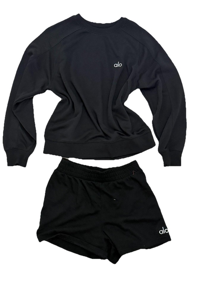 Alo Yoga | Black Crew Neck ACCOLADE Pullover Jumper & Shorts 2pc Set R ...