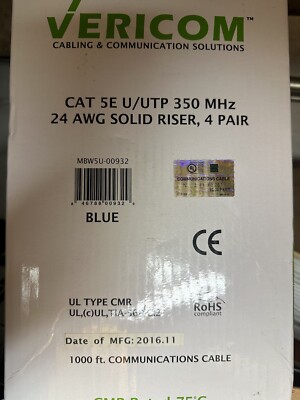 Cat5e 23AWG UTP Solid Riser CMR Cable, 1000ft Pull Box - Blue - VER1511 ...