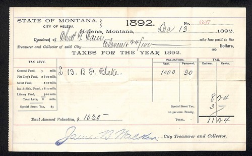 1892 Helena, State of Montana Tax Levy Worksheet / Form w/ Mill Rates ...