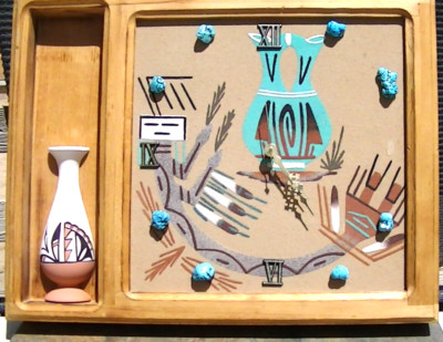 Navajo Vintage Sand Painting Clock W/ Turquoise nuggets Signed RAINBOW ...