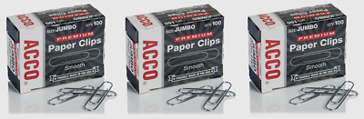 3 ~ Acco Jumbo PAPER CLIPS 100 pk Premium Smooth Silver Heavy Gauge ...
