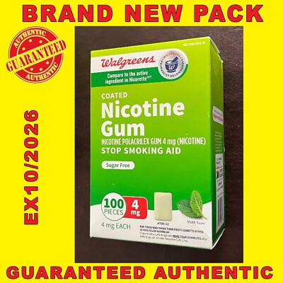 Walgreens Nicotine Gum 4mg Coated Mint Flavor 100 Pieces RECTANGLE EX10 ...