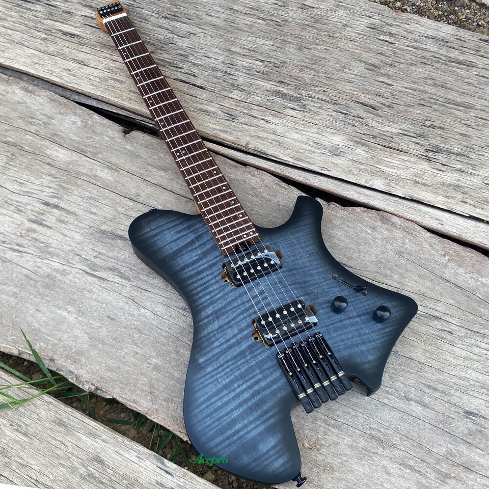 Acepro Upgraded Pro Headless Electric Guitar Black Burst Flame Maple ...