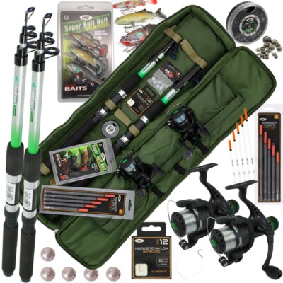 2 x TELESCOPIC FISHING RODS & REELS TRAVEL 6ft 8ft 10ft SET FLOATS ...