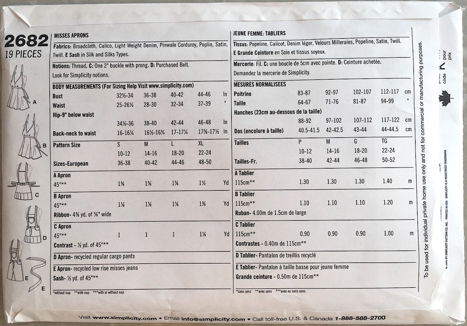 Simplicity Pattern 2682 Misses Aprons S M L XL COMPLETE, FACTORY FOLDED ...