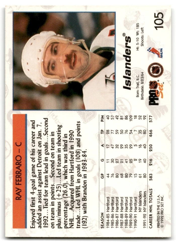 1992-93 Pro Set Hockey Card Ray Ferraro #105 New York Islanders | eBay