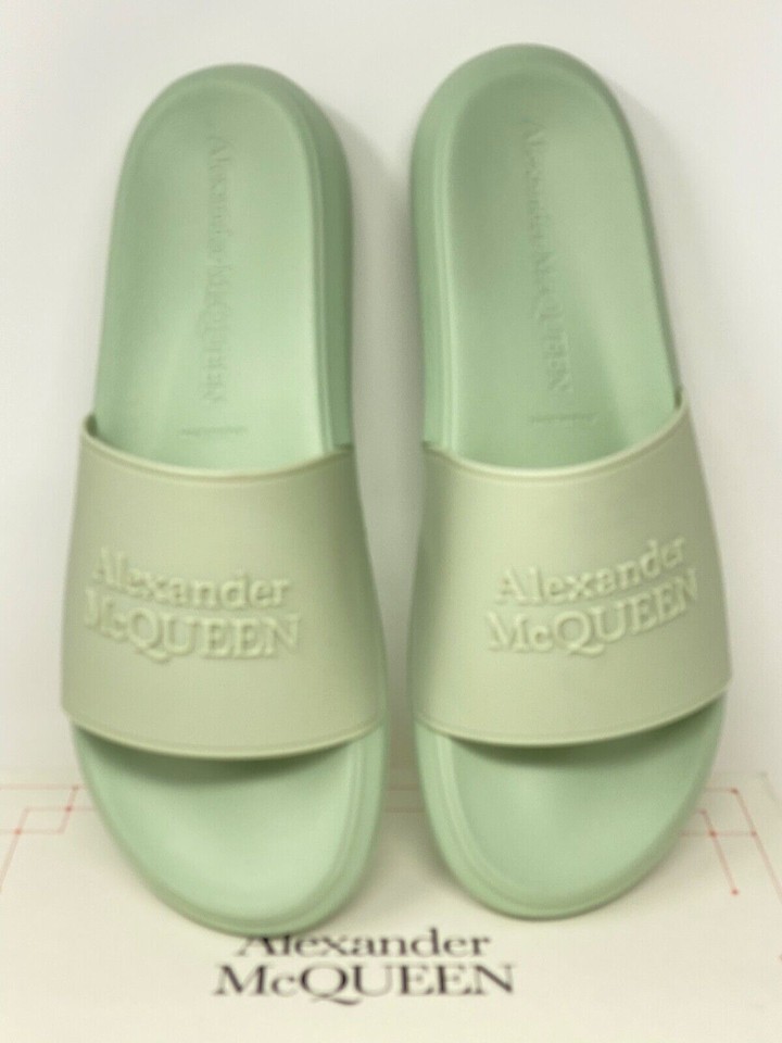 $290 Mens Alexander McQueen Hybrid Logo Slides Sandals Mint Green ...