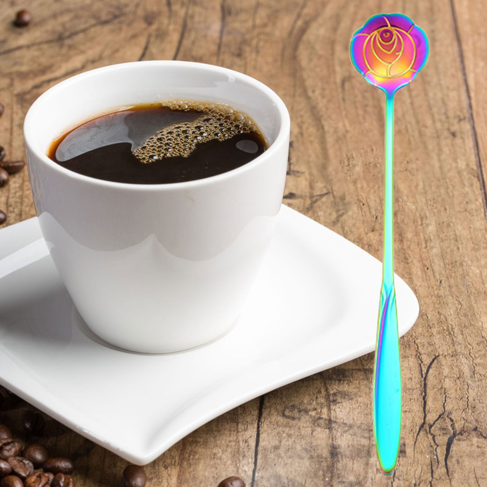 Metal Teaspoon Long Handle Anti-scald Dessert Spoon Teaspoon with Rose ...