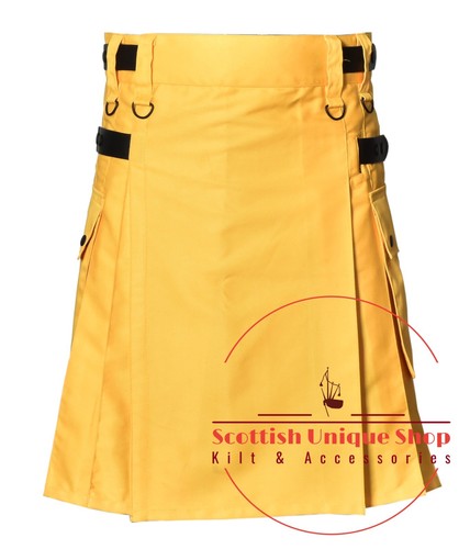 Scottish Handmade Yellow Kilt Utility Deluxe Cotton Leather Straps ...