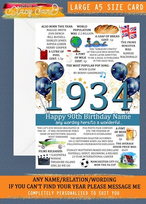 Personalised 90th Birthday LARGE A5 SIZE CARD 1934 Male Birth Year Dad ...