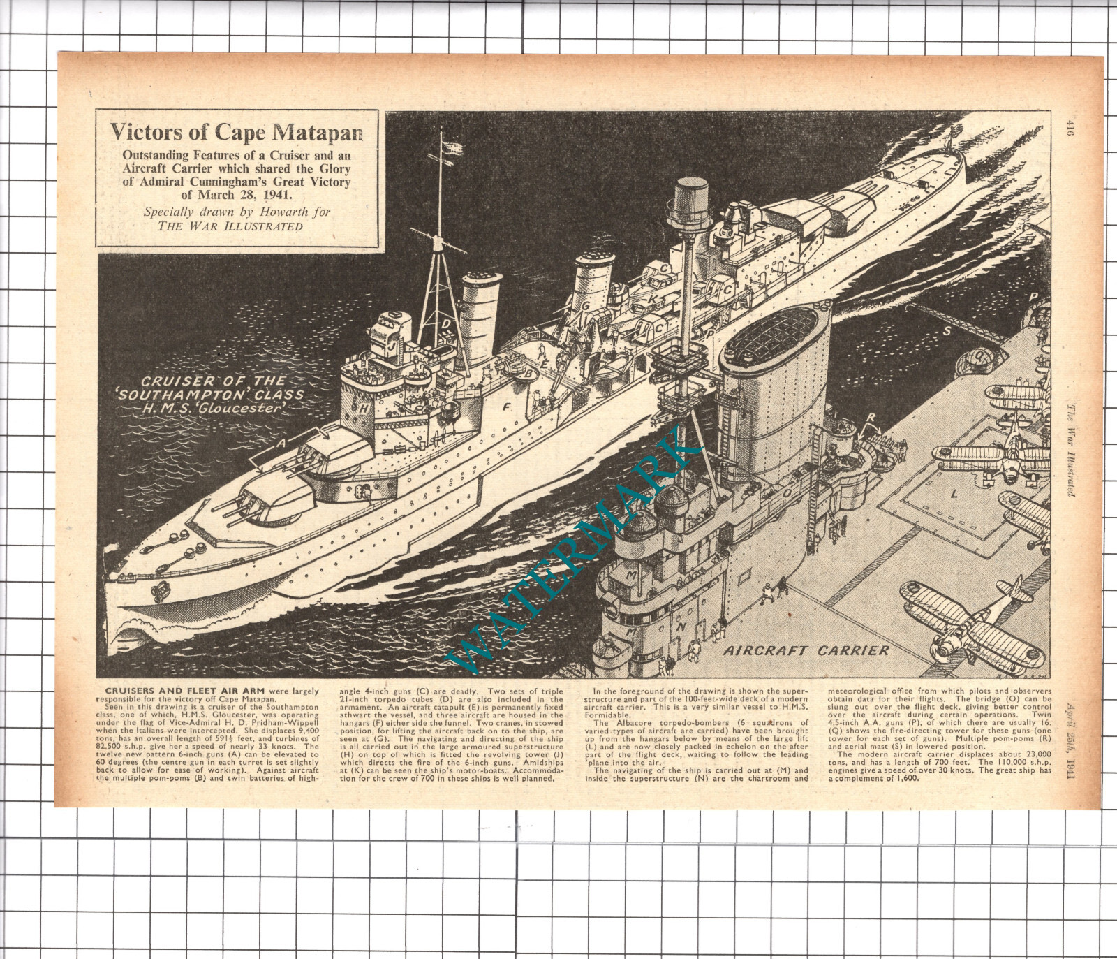 HMS GLOUCESTER Ship Pridham-Wippell Cape Matapan WW2 - 1941 Cutting ...