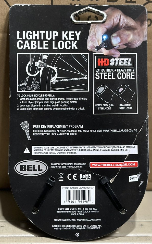 Bell Bicycle Lock With Light up Key Cable Lock Heavy Duty Steel Core 6 ...