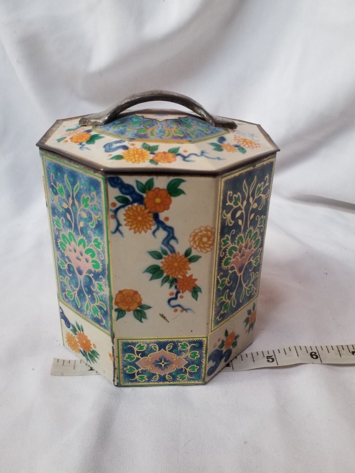 Antique Octagon Folded Tin Container Lid W Handle Floral Pattern Gold ...