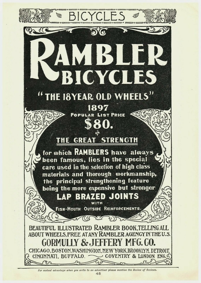 1897 RAMBLER BICYCLE Gormully Jeffery Transportation Antique Bike PAPER ...