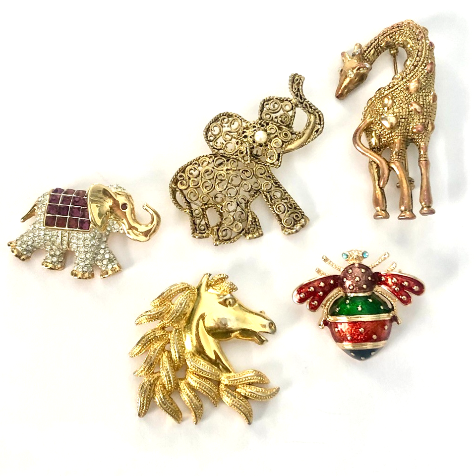 VTG Lot 5 Figural ANIMAL BROOCH / PINS ~ Rhinestone Enamel Filigree ...