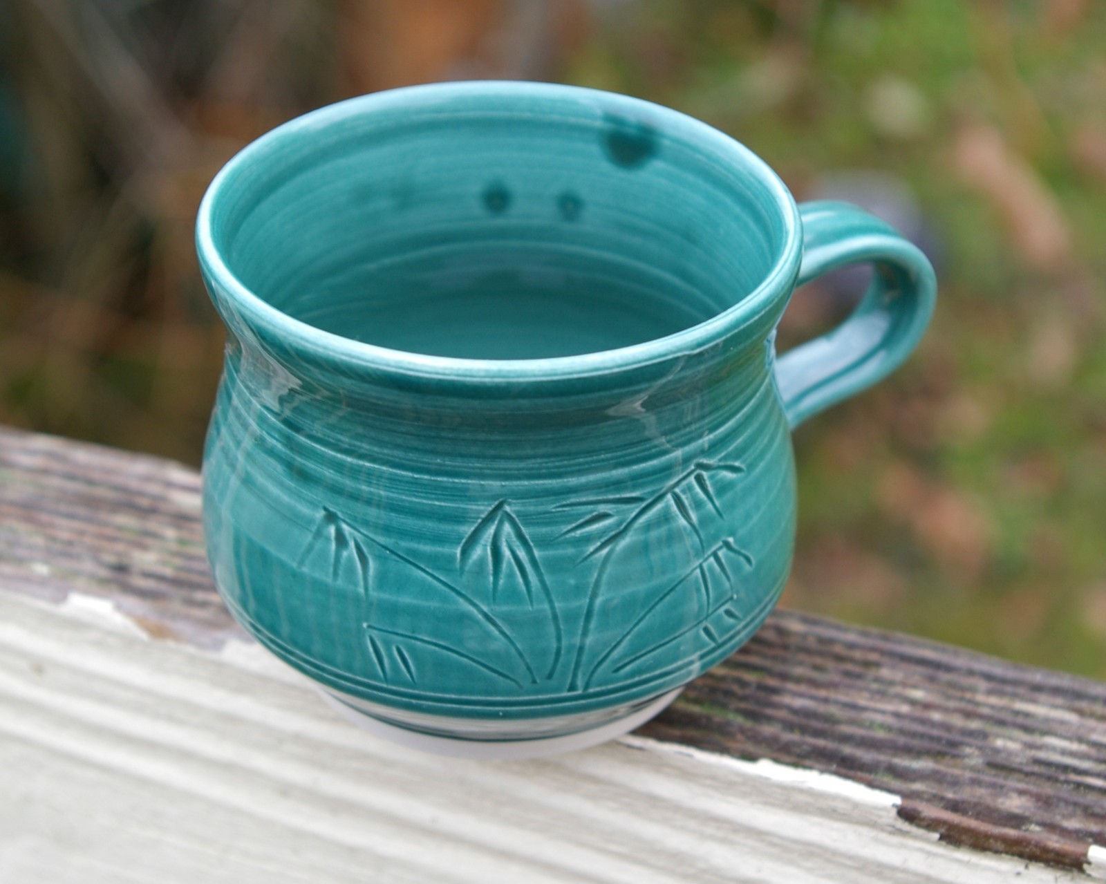 Hand Made Green Bamboo Pottery Wheel Art Coffee Mug Cup Signed Bridge ...