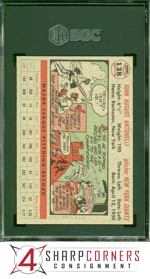 1956 TOPPS #138 JOHNNY ANTONELLI GIANTS GRAY BACK SGC 8.5 | eBay
