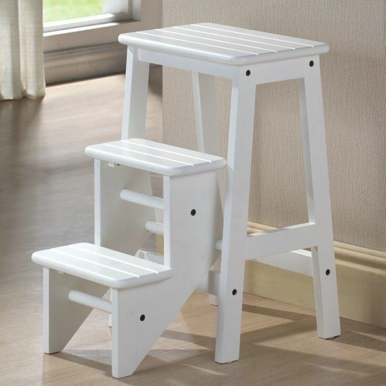 White Wooden Folding Step Stool Seat 3 Tier Platform Ladder Kitchen ...
