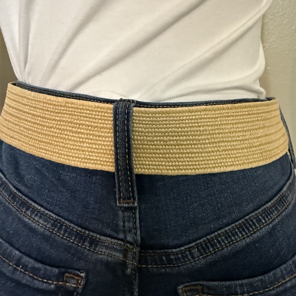 Beige paper stretchy waistband belt with gold tone circle buckle | eBay