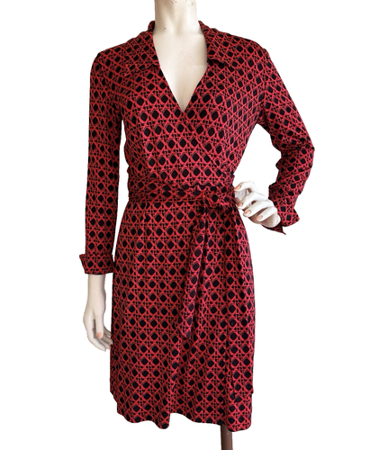 DVF DIANE VON FURSTENBERG Silk Jersey Wrap Dress Red Black Print Long ...