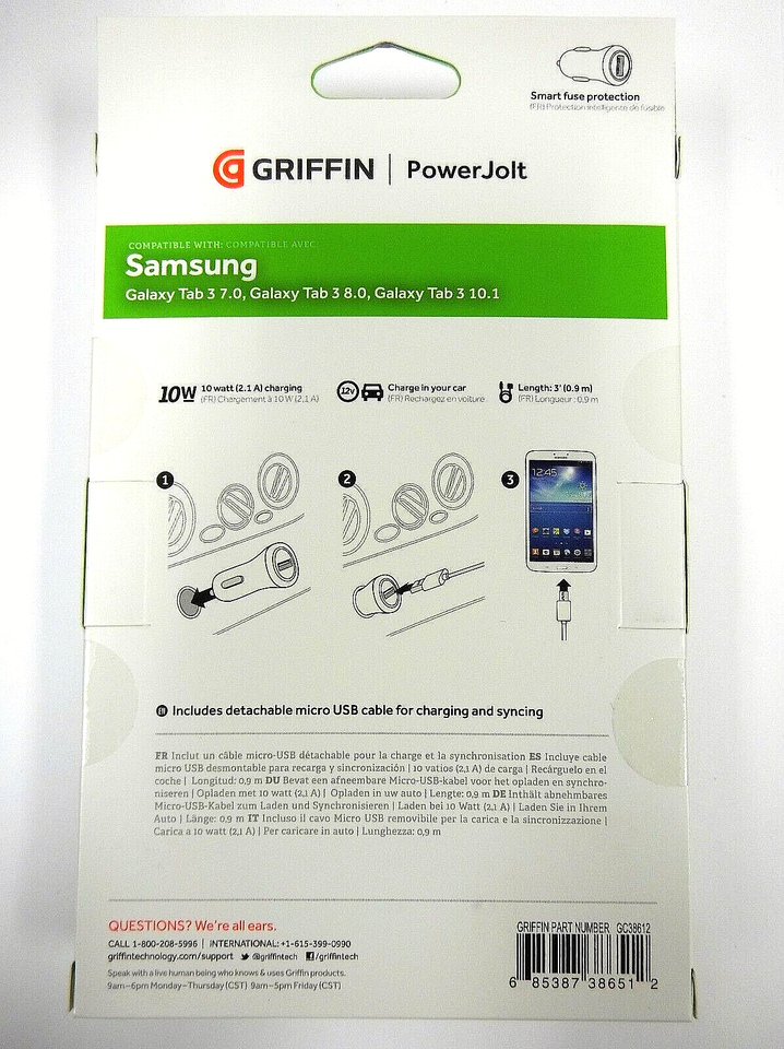 Griffin PowerJolt Car Charger - 10 Watt / 2.1 Amp + Micro USB Charge ...