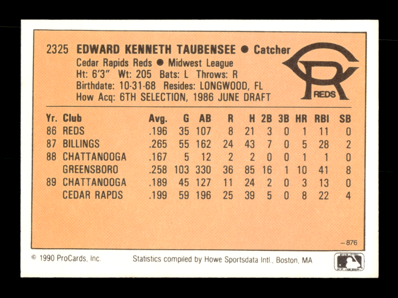 1990 ProCards # 2325 Eddie Taubensee (ML) Cedar Rapids Reds Cincinnati ...
