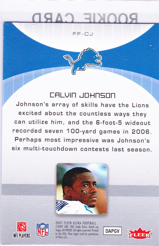 CALVIN JOHNSON ROOKIE CARD 2007 Fleer Ultra FRESH FACES RC Detroit ...