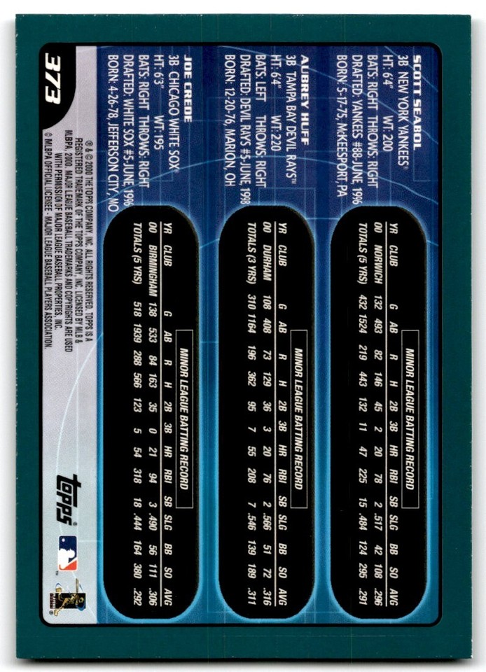 2001 TOPPS SCOTT SEABOL/AUBREY HUFF/JOE CREDE NEW YORK YANKEES/TAMPA ...
