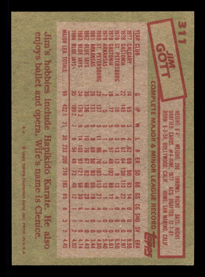 1985 Topps Baseball #311 Jim Gott Signed Auto Autograph (no COA) | eBay