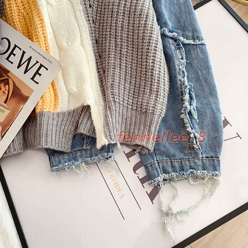 Women's Denim Sleeve Patchwork Sweater Autumn Winter Loose Lazy Knit ...