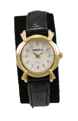 Watch-it Women Watch Gold Stainless Steel Black Leather WR Battery ...