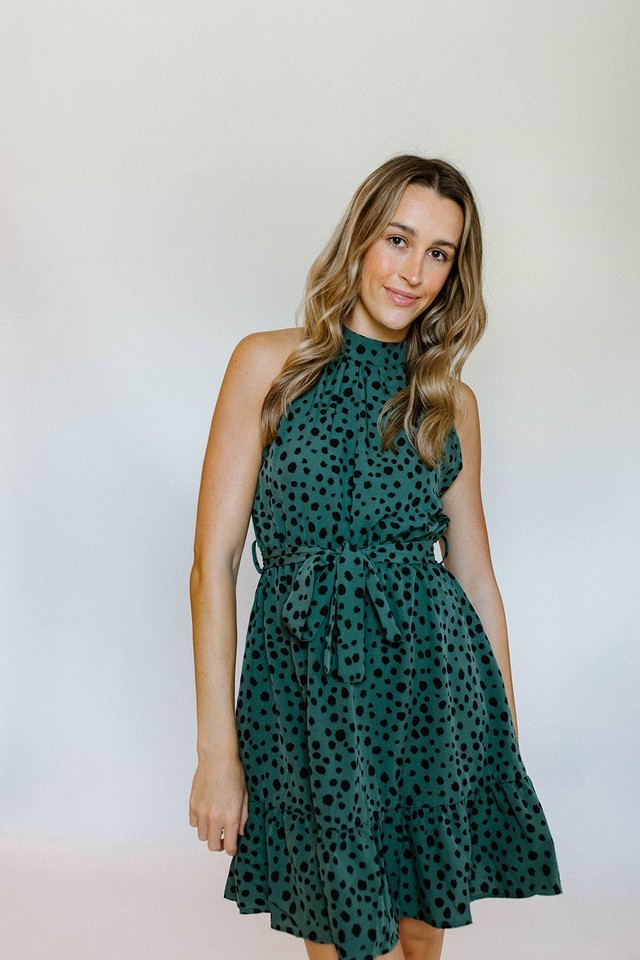 Brand New with Tags Forest Green Leopard Print Halter Dress with Waist ...