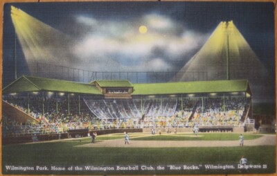 Wilmington, DE 1940 Linen Postcard: Blue Rocks Baseball Stadium, Night ...