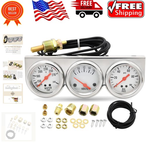 3-in-1 Auto Meter Gauge Kit - Chrome Volt, Water & Oil Pressure - 2 ...