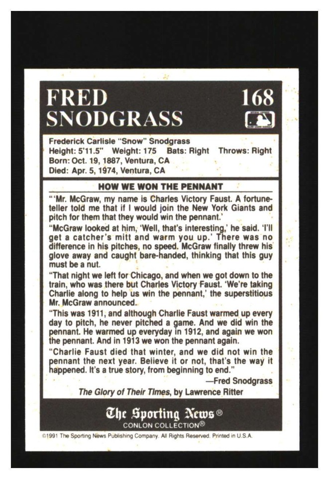 1991 Conlon Collection #168 Fred Snodgrass Boston Braves NM-MT | eBay