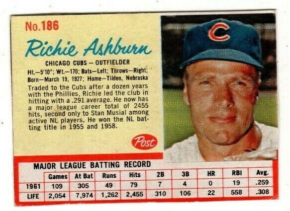 40% OFF 1962 Post #186 Richie Ashburn - Chicago Cubs, Excellent - Mint ...