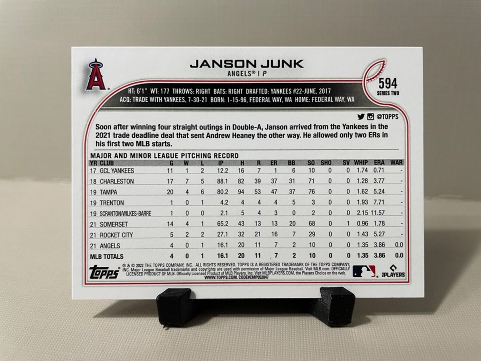 2022 TOPPS BASEBALL JANSON JUNK ROOKIE CARD #594 LOS ANGELES ANGELS | eBay