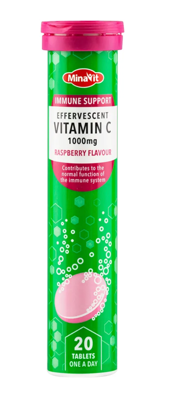 MinaVit Raspberry Flavour Immune Support Vitamin C 1000mg Effervescent ...