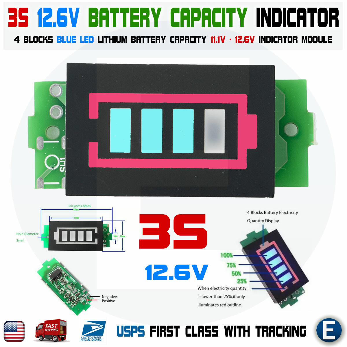 Li-ion 3S 12.6V 4 Block Lithium Power Module Battery Capacity LED ...