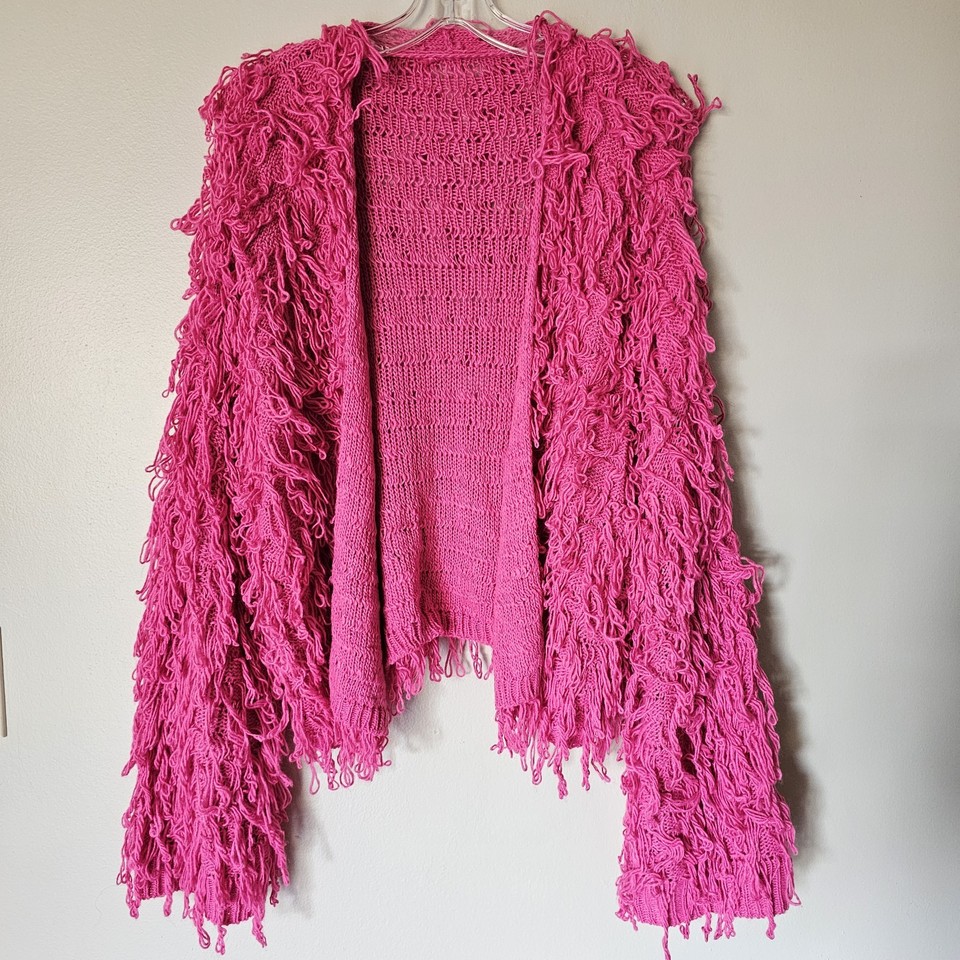 Hot Pink Shaggy Cardigan Fuzzy Open Front Statement Knit Sweater Y2K ...