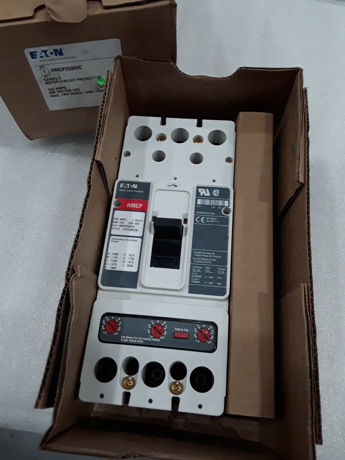 HMCP250K5C EATON 3POLE 250AMP 600V 250VDC MOTOR CIRCUIT PROTECTOR NEW ...