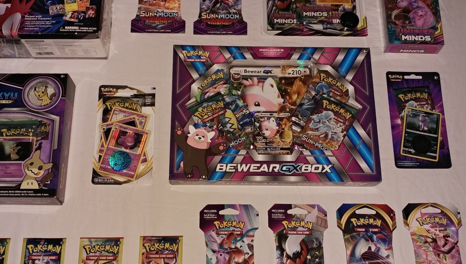 8 Unified Minds Packs + Pokemon BEWEAR GX Box w/ Mimikyu Pin Collection ...