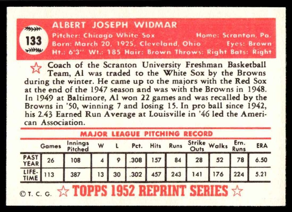 1983 Topps 1952 Reprint Series Al Widmar Chicago White Sox #133 | eBay