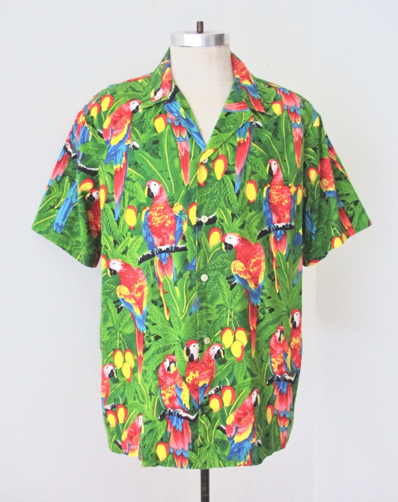 Hilo Hattie Green Colorful Jungle Parrot 100% Cotton Hawaiian Shirt ...